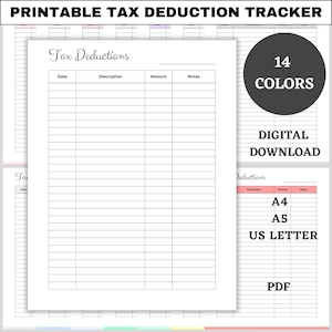 Printable Tax Deduction Tracker, Tax Organizer, Small Business Template ...
