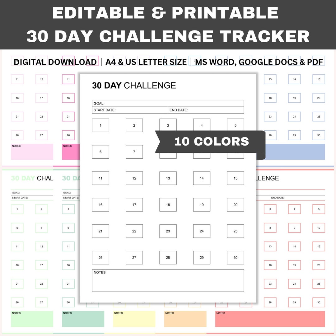 Editable 30 Day Challenge Tracker, 30 Day Goal Progress Tracker ...
