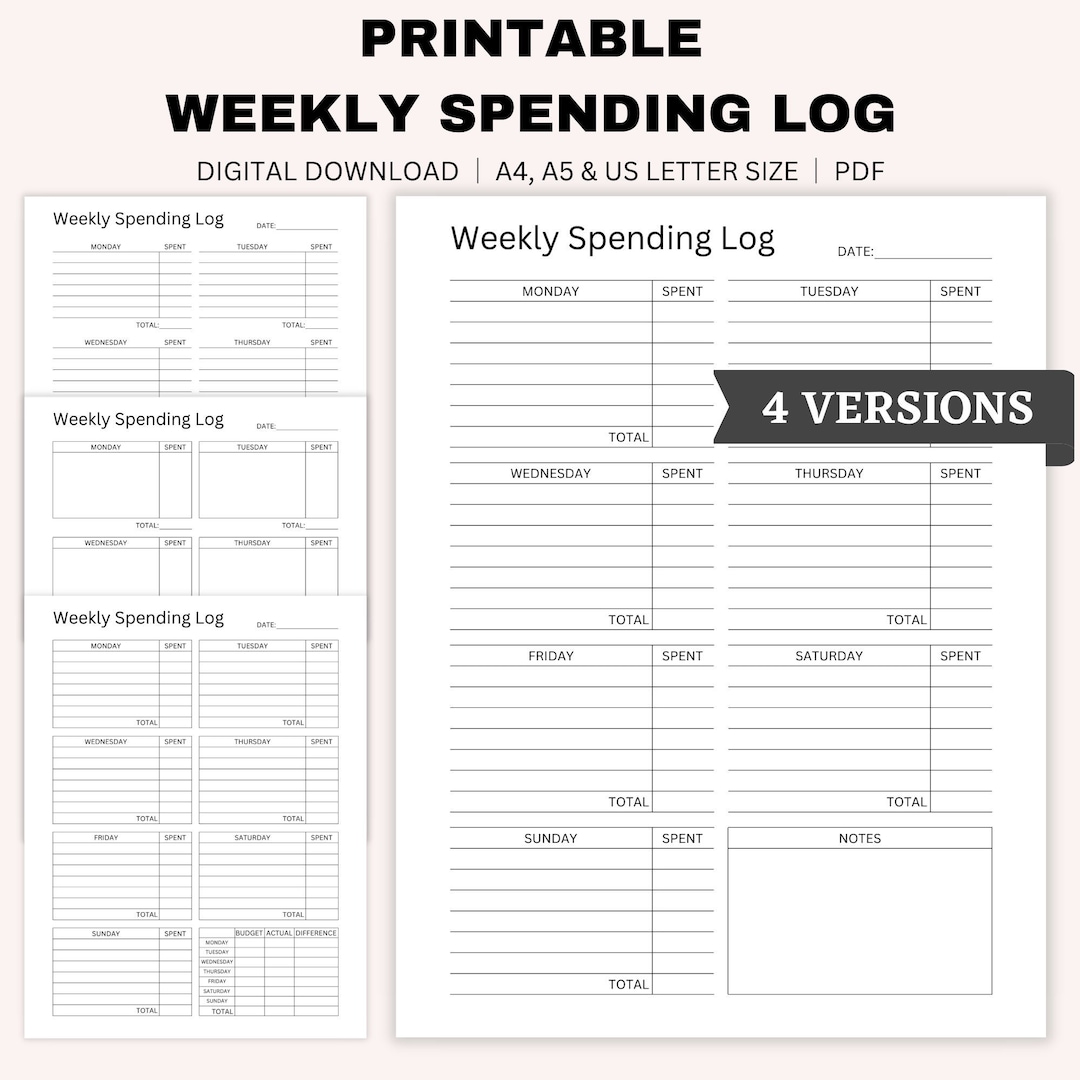 Printable Weekly Spending Log, Expense Tracker, Purchase Recorder ...