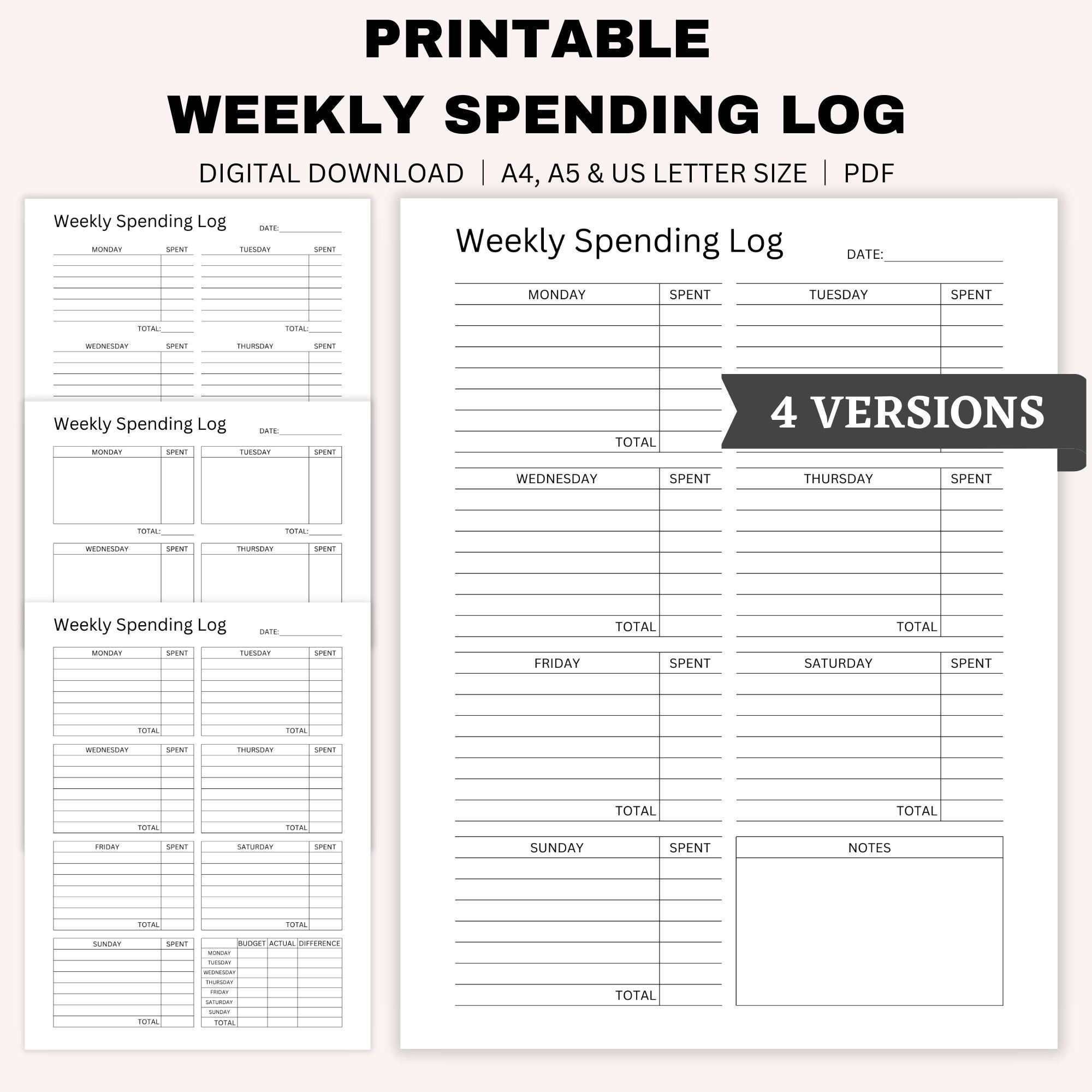 Printable Weekly Spending Log, Expense Tracker, Purchase Recorder ...