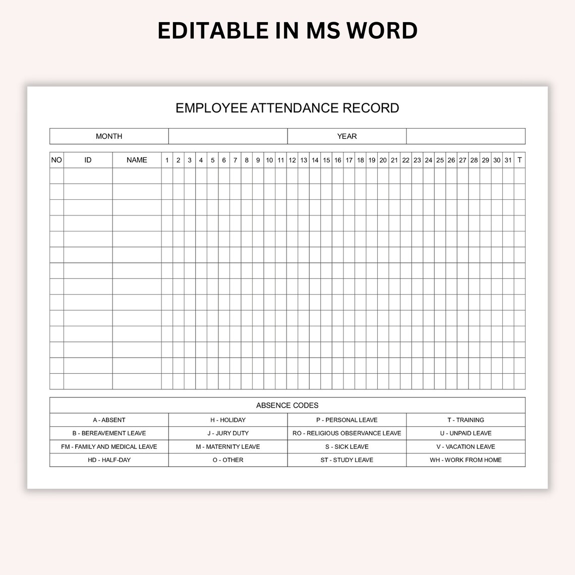 Editable Employee Attendance Record, Printable Employee Absence Tracker ...