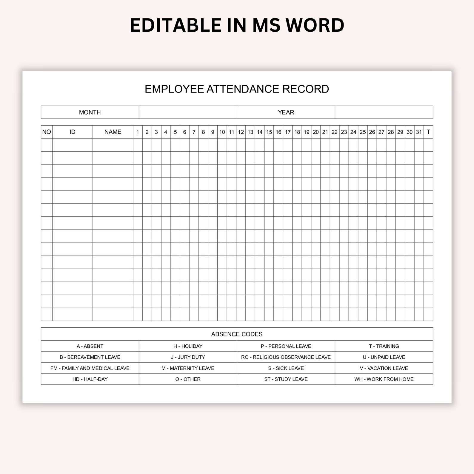 Editable Employee Attendance Record, Printable Employee Absence Tracker ...