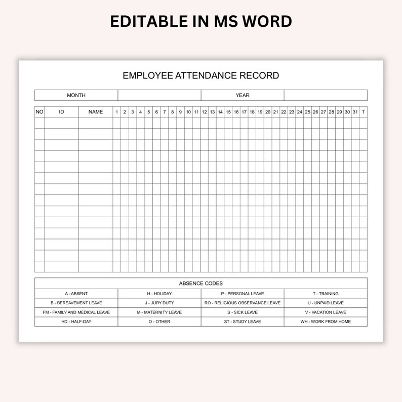 Editable Employee Attendance Record, Printable Employee Absence Tracker ...