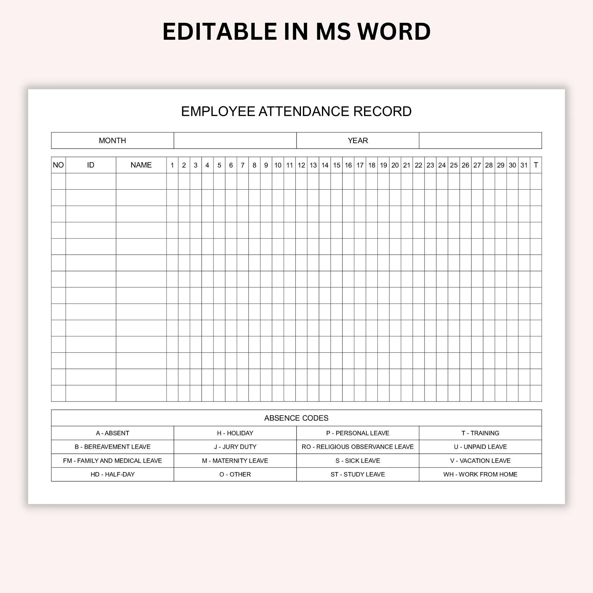 Editable Employee Attendance Record, Printable Employee Absence Tracker ...