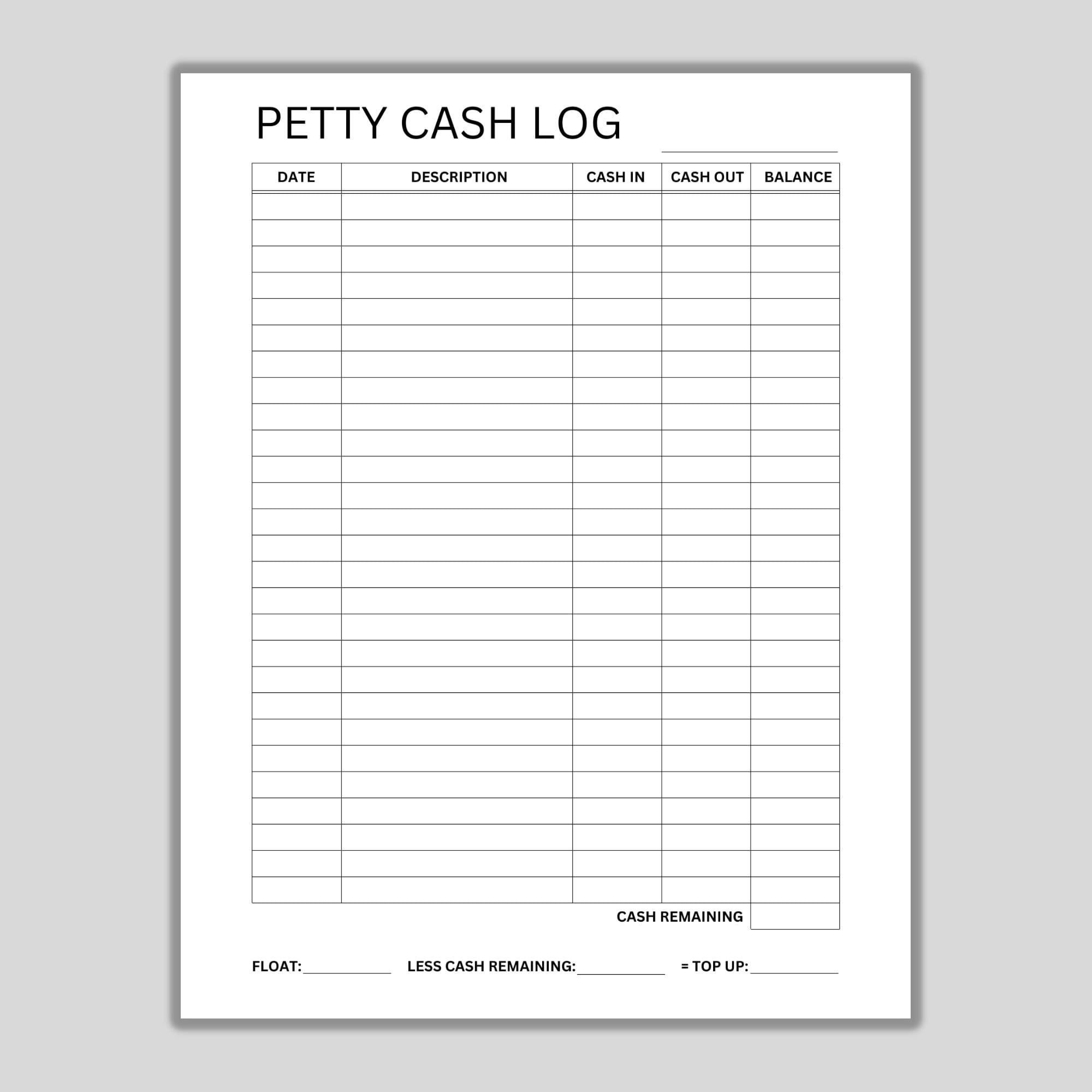 Printable Petty Cash Log, Small Business Template, Petty Cash Ledger ...