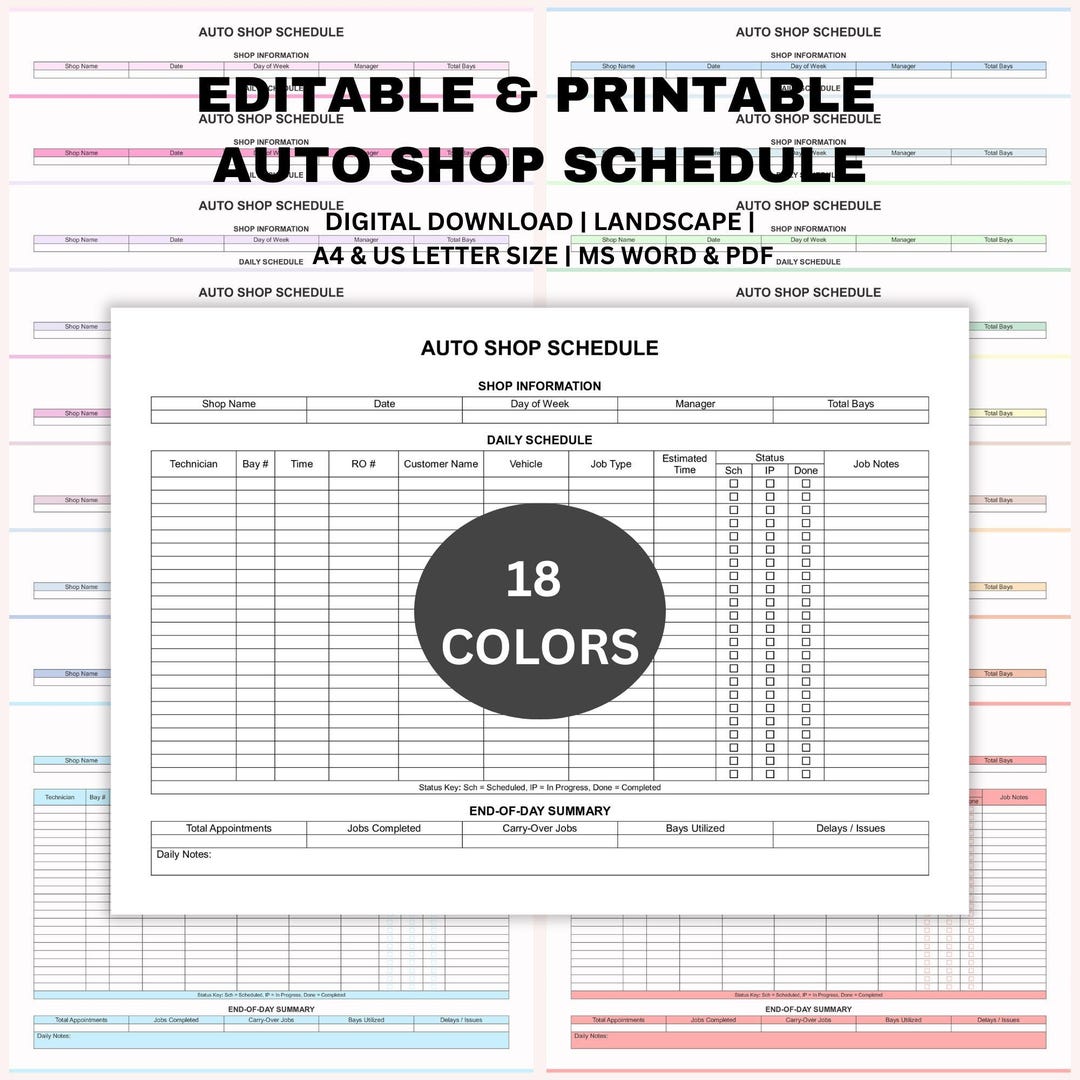 Editable Auto Shop Schedule Template, Printable Mechanic Work Log ...