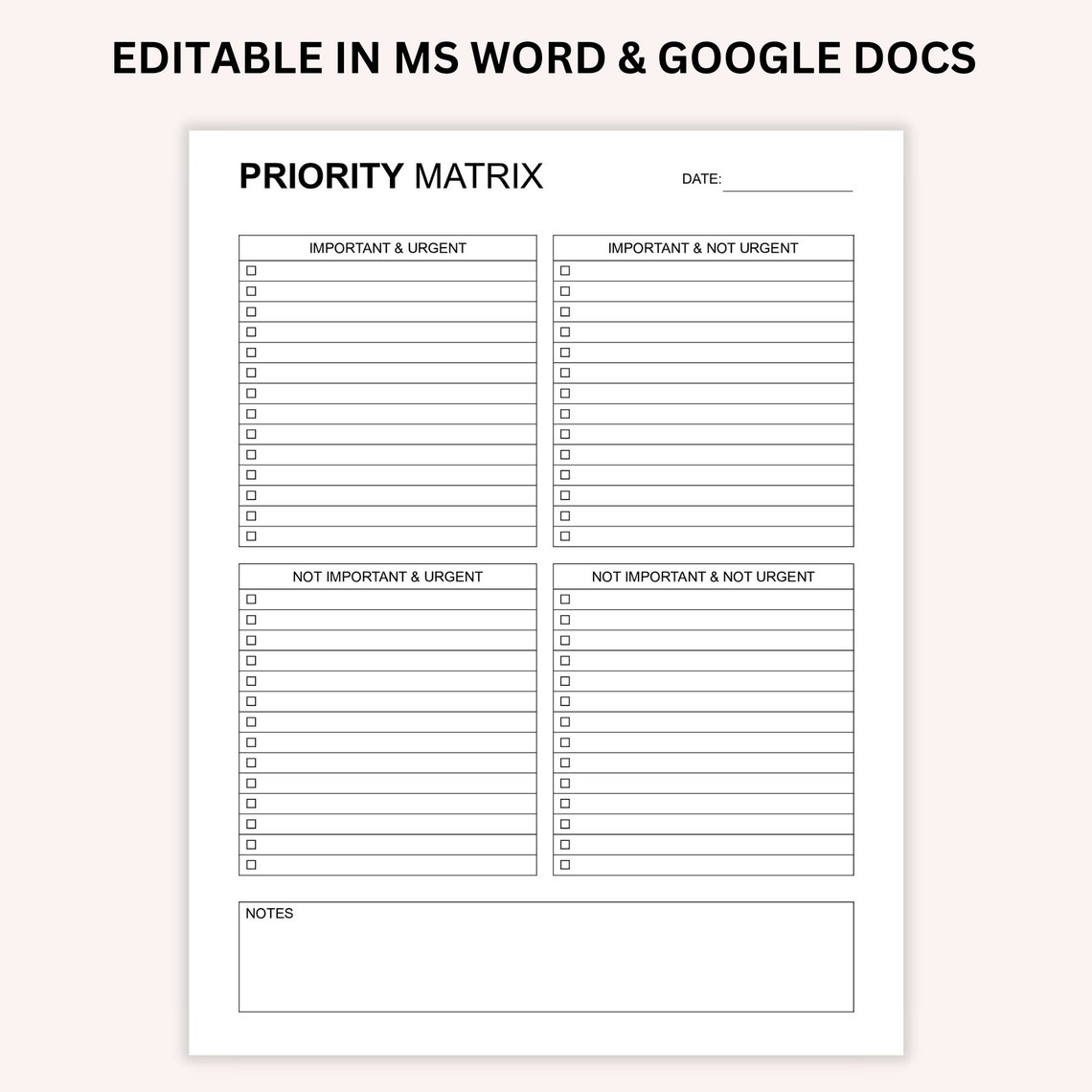 Editable Priority Matrix To Do List Task Matrix Decision Matrix