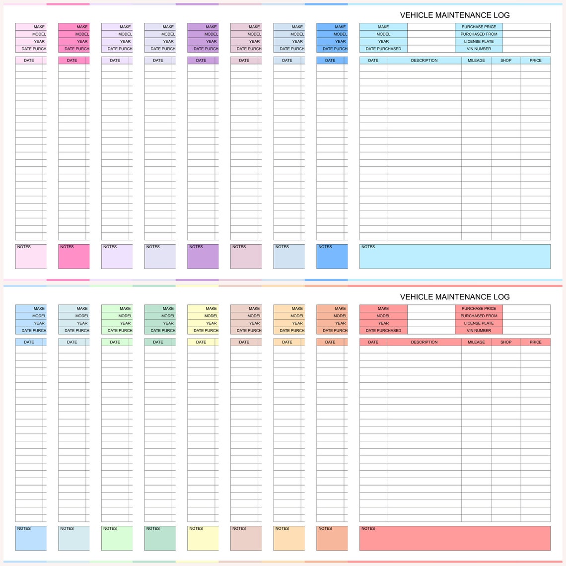 Editable Vehicle Maintenance Log, Printable Vehicle Repairs Log, Car ...