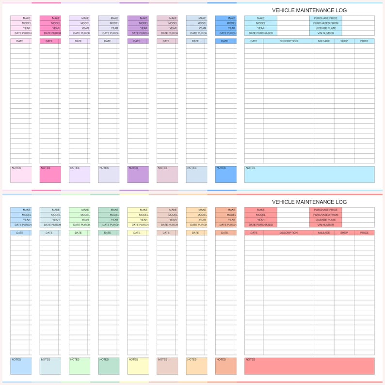 Editable Vehicle Maintenance Log, Printable Vehicle Repairs Log, Car ...