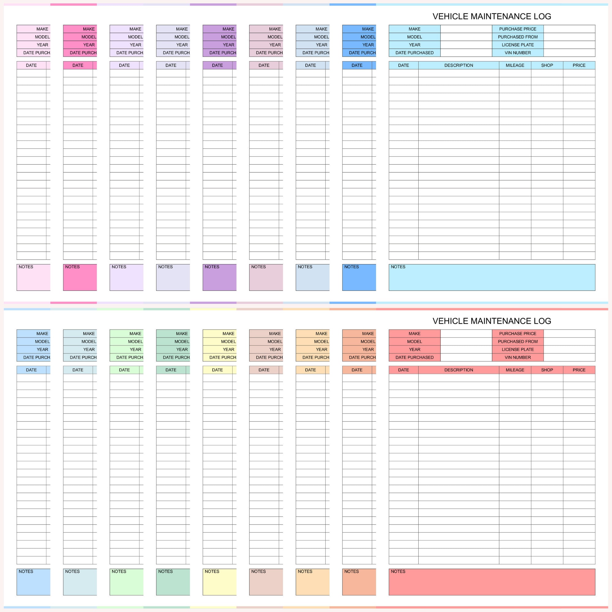 Editable Vehicle Maintenance Log, Printable Vehicle Repairs Log, Car ...