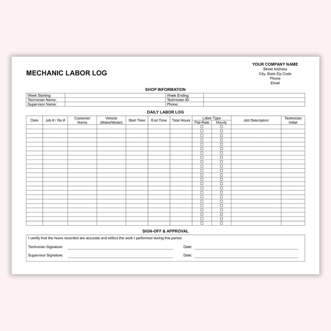 Editable Mechanic Labor Log, Printable Auto Shop Work Tracker, Garage ...