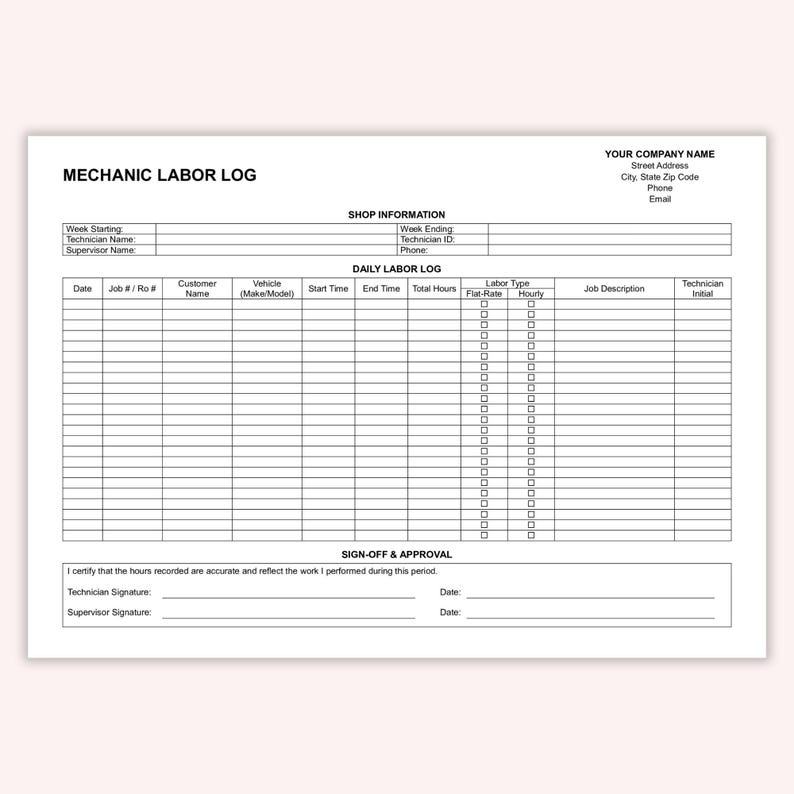 Editable Mechanic Labor Log, Printable Auto Shop Work Tracker, Garage ...