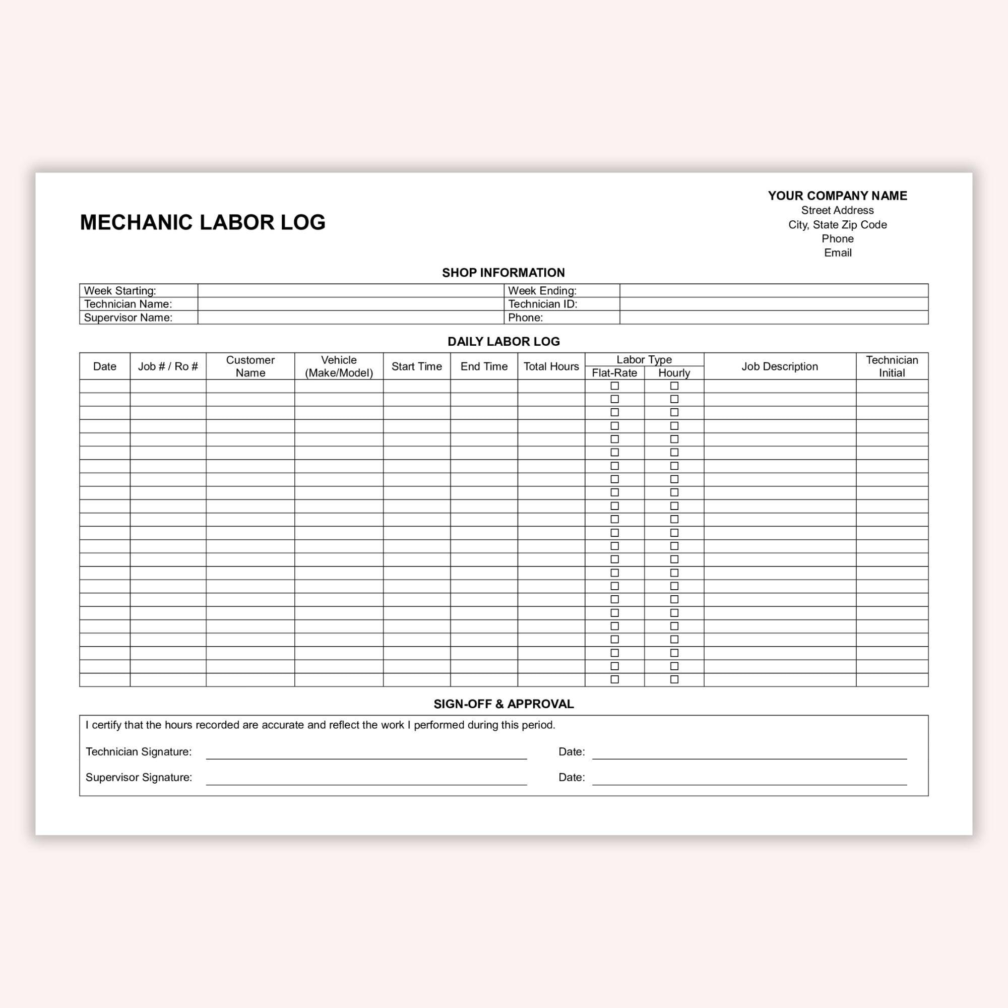 Editable Mechanic Labor Log, Printable Auto Shop Work Tracker, Garage ...