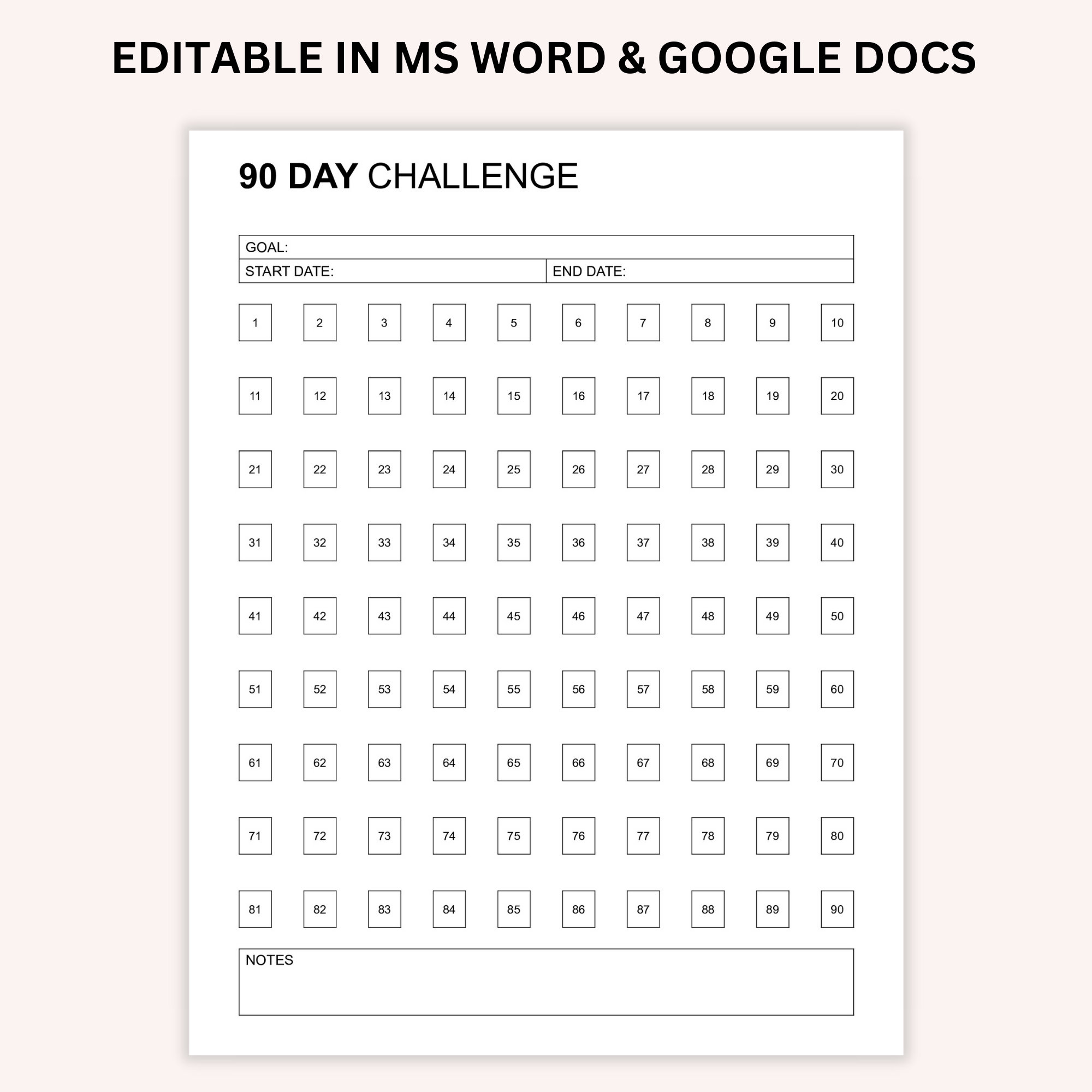 Editable 90 Day Challenge Tracker, 90 Day Goal Progress Tracker ...