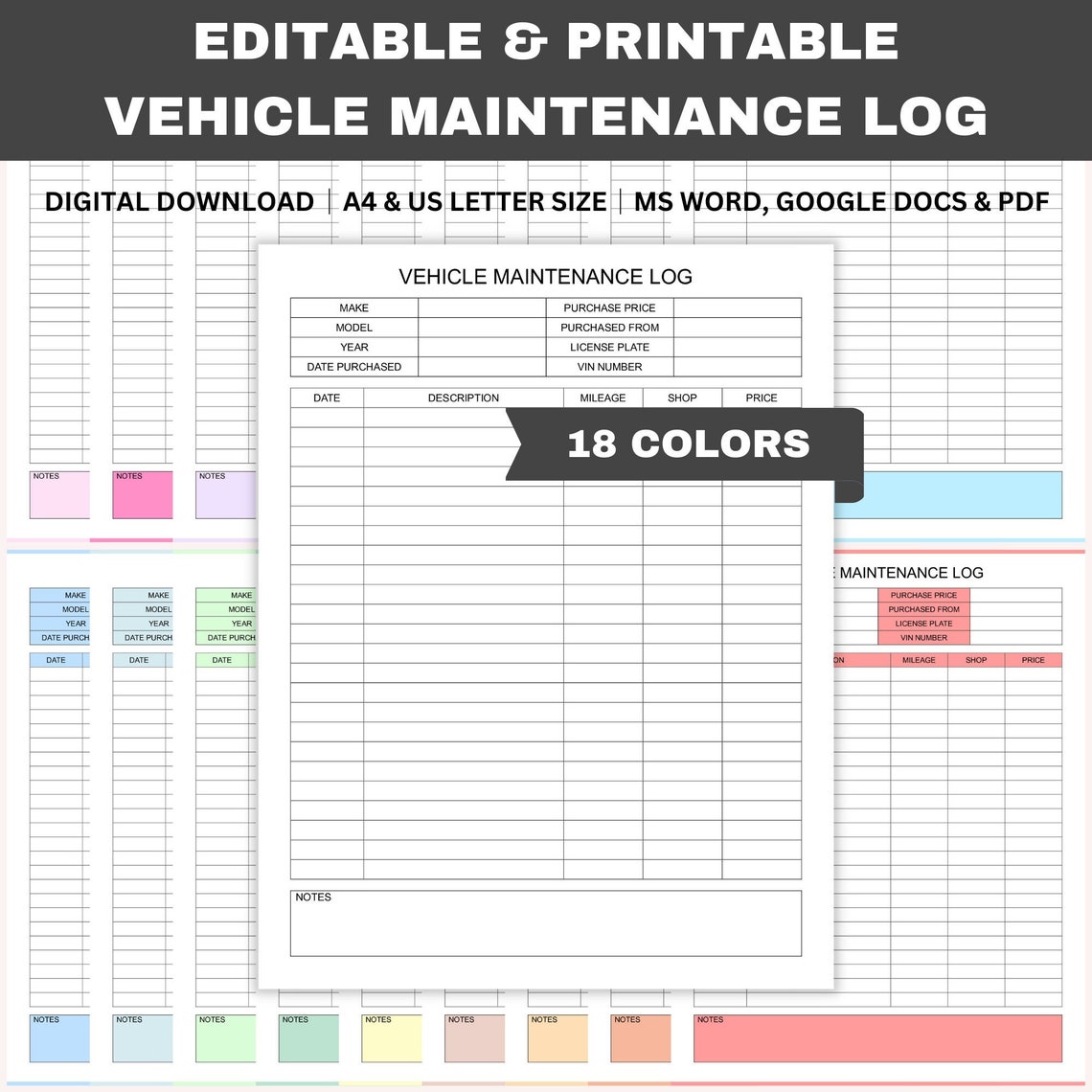 Editable Vehicle Maintenance Log, Printable Vehicle Repairs Log, Car ...