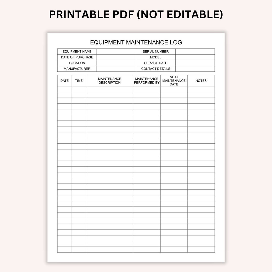 Editable Equipment Maintenance Log, Printable Maintenance Schedule ...