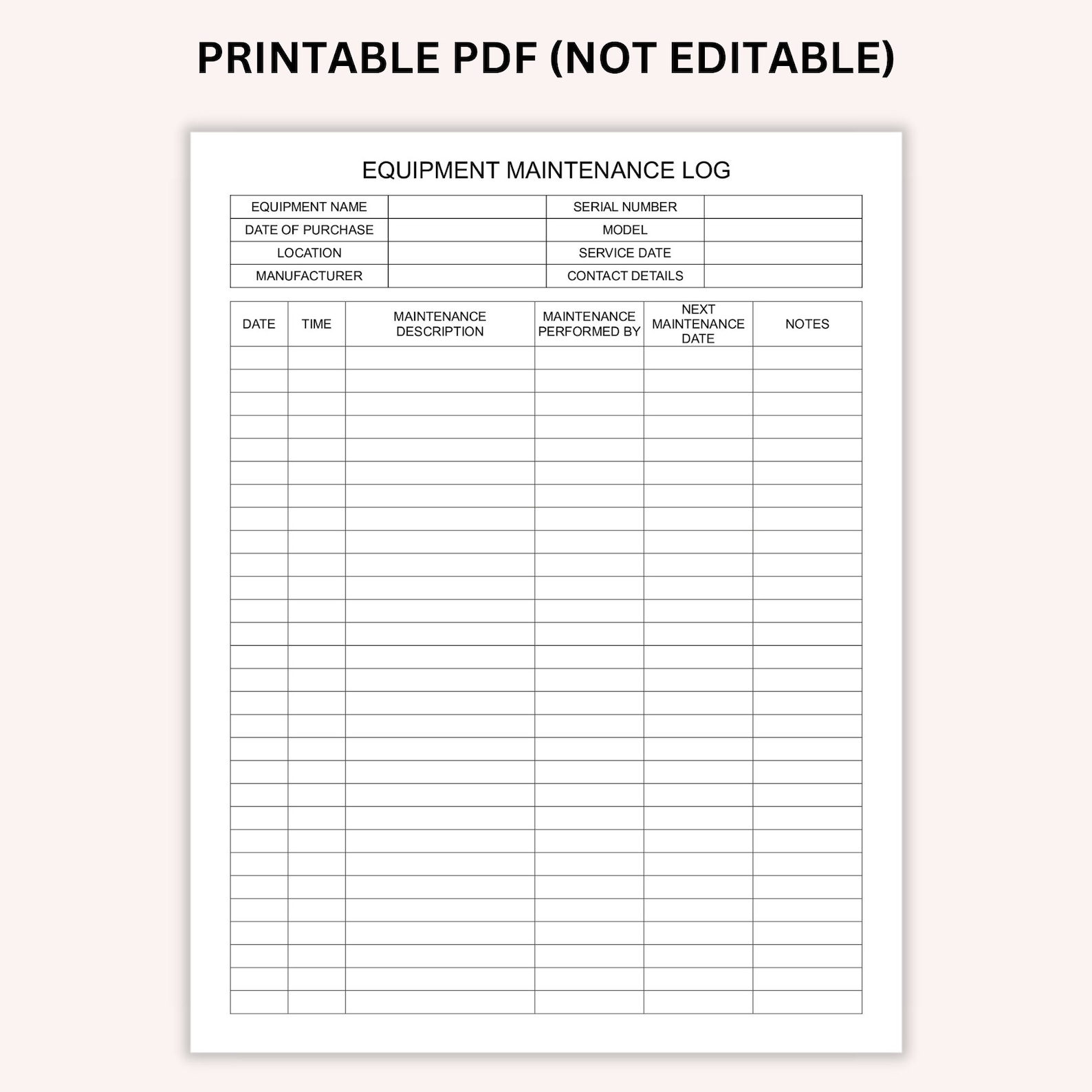 Editable Equipment Maintenance Log, Printable Maintenance Schedule ...