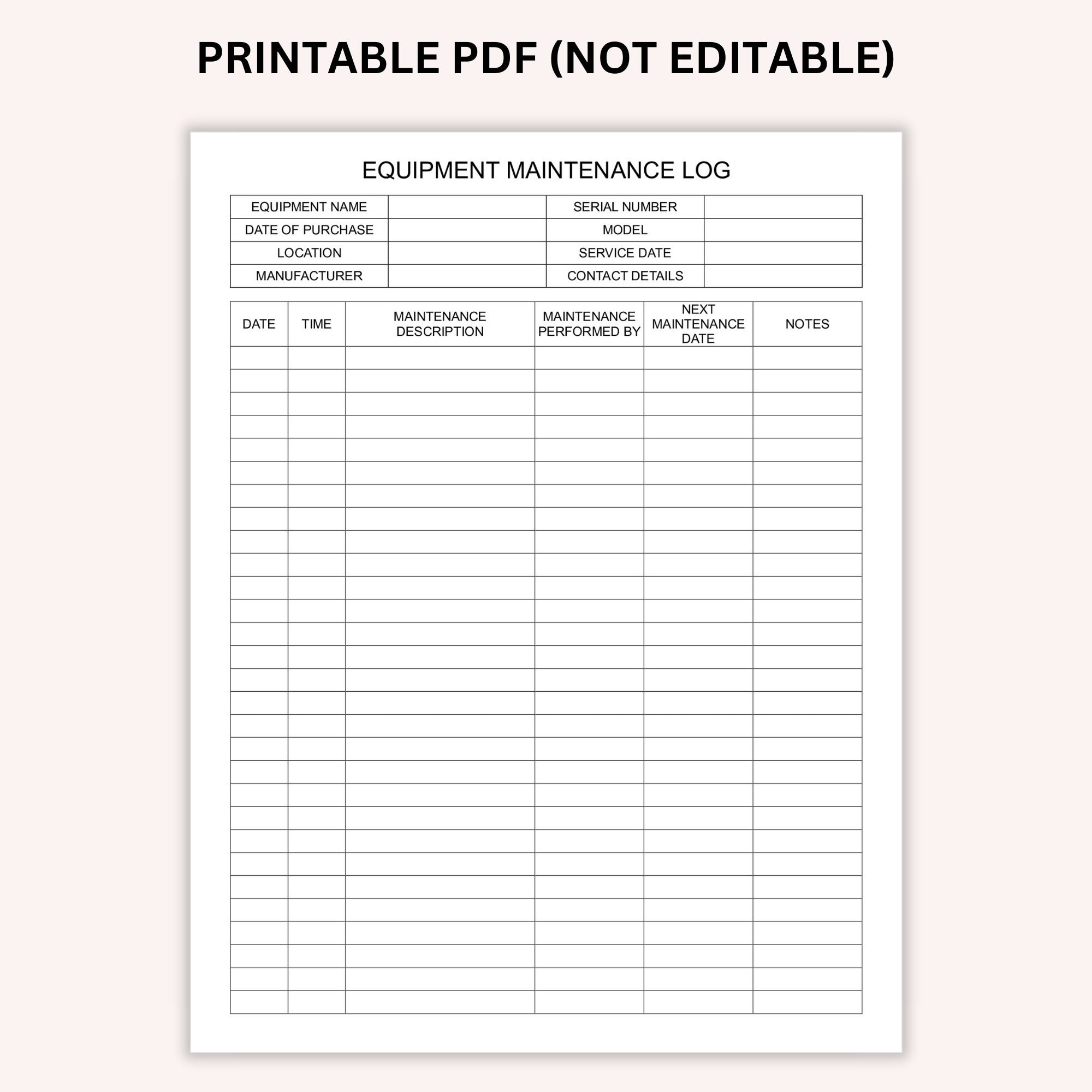 Editable Equipment Maintenance Log, Printable Maintenance Schedule ...