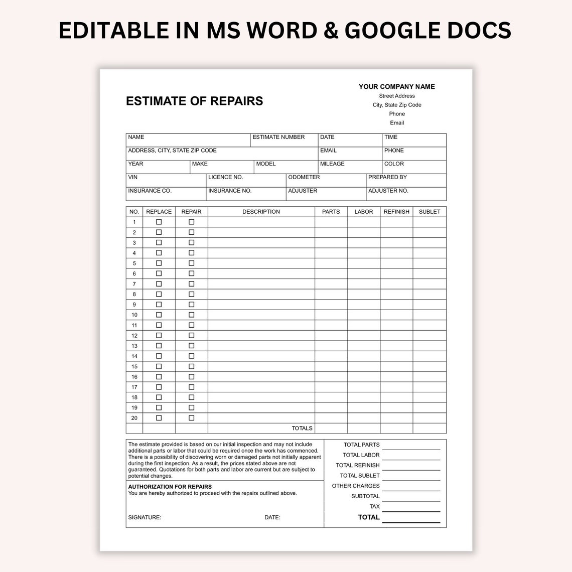 Editable Auto Repair Estimate Template, Automotive Service Invoice ...