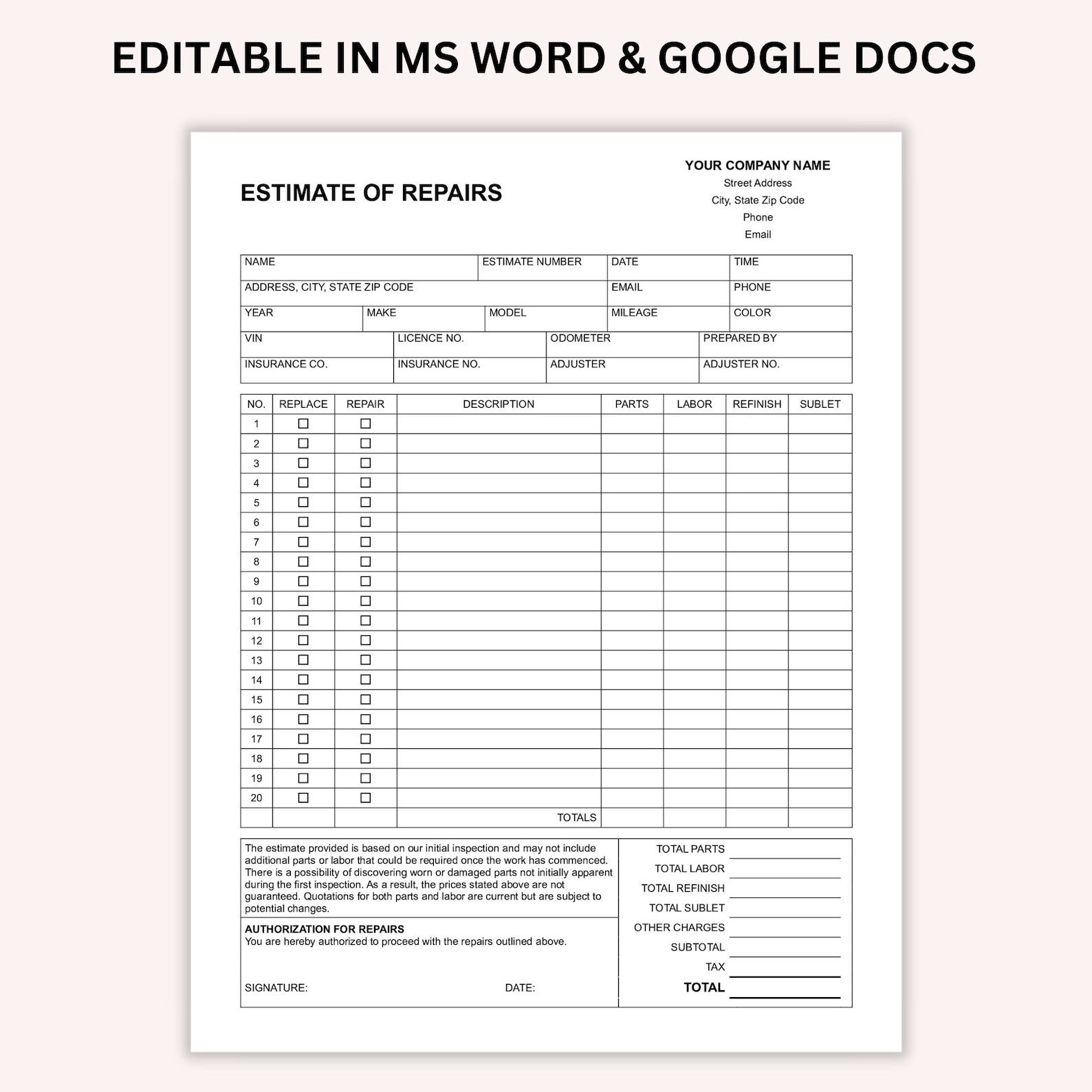 Editable Auto Repair Estimate Template, Automotive Service Invoice ...