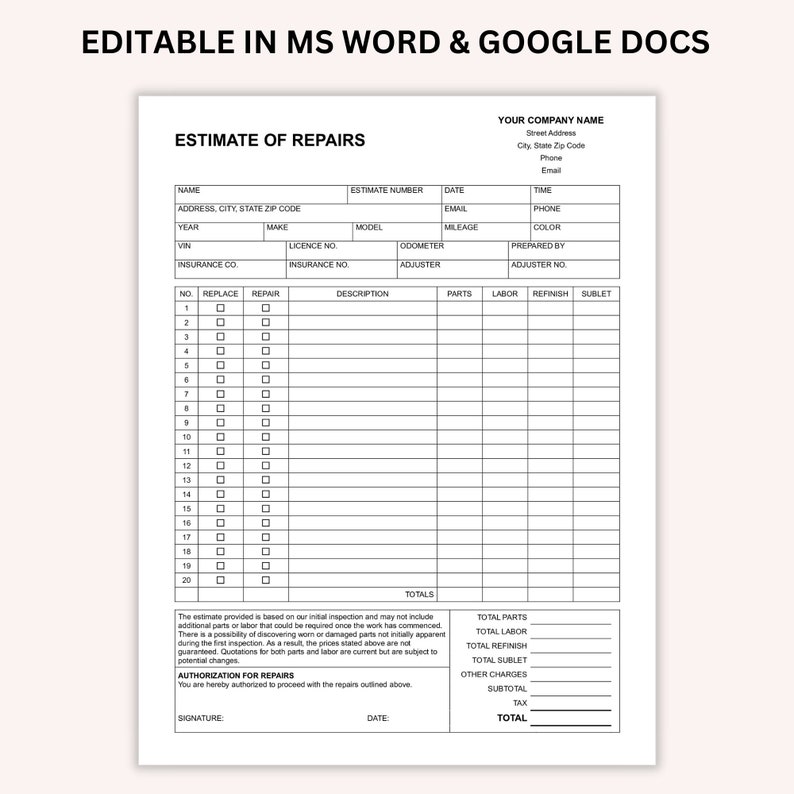 Editable Auto Repair Estimate Template, Automotive Service Invoice ...
