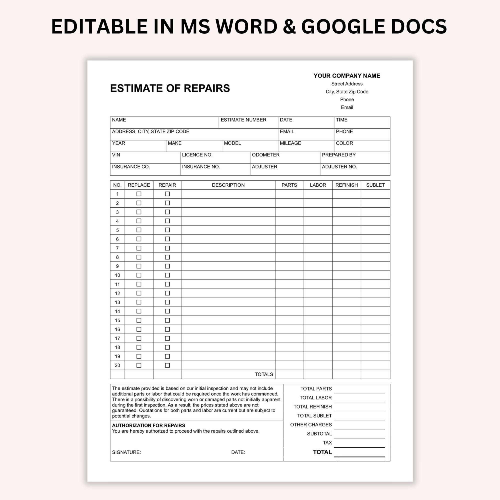 Editable Auto Repair Estimate Template, Automotive Service Invoice ...