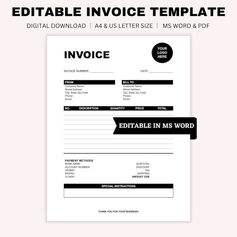 Editable Invoice Template, Business Invoice, Custom Invoice, Payment ...