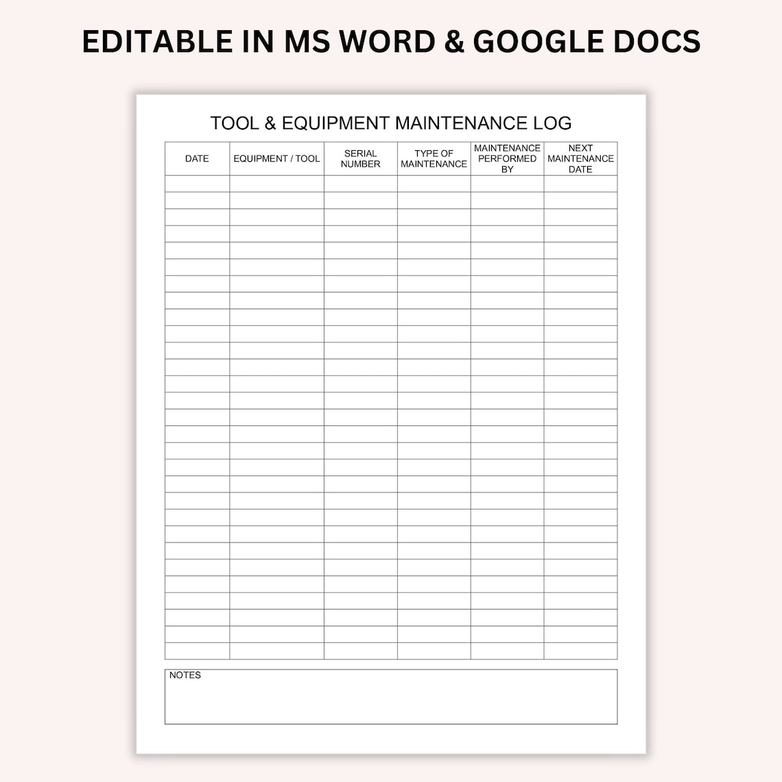 Editable Tool & Equipment Maintenance Log, Printable Equipment Repair Log, Service Log ...