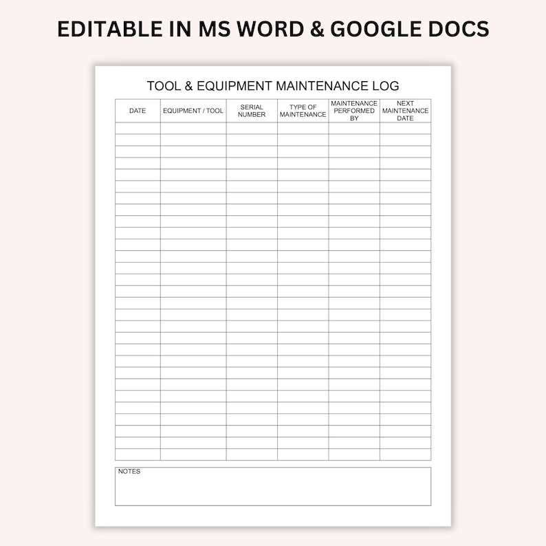 Editable Tool & Equipment Maintenance Log, Printable Equipment Repair ...