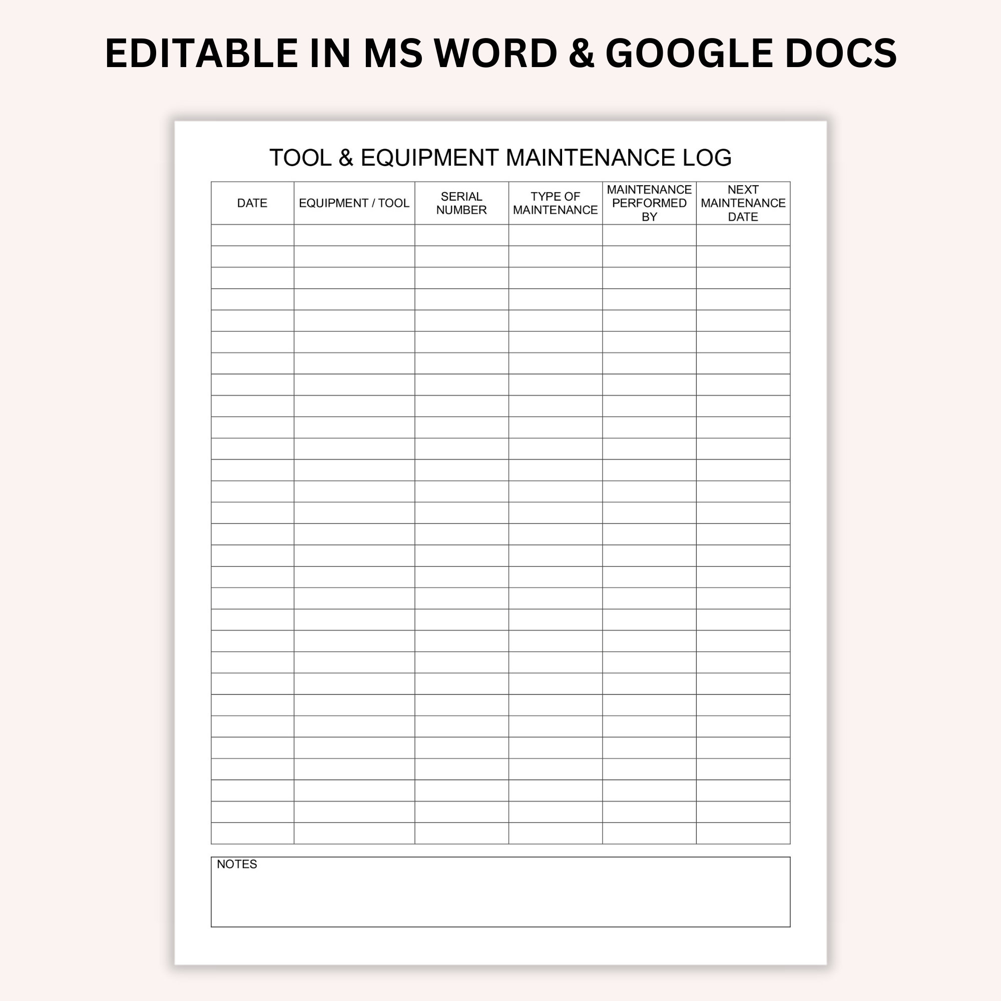 Editable Tool & Equipment Maintenance Log, Printable Equipment Repair Log, Service Log ...