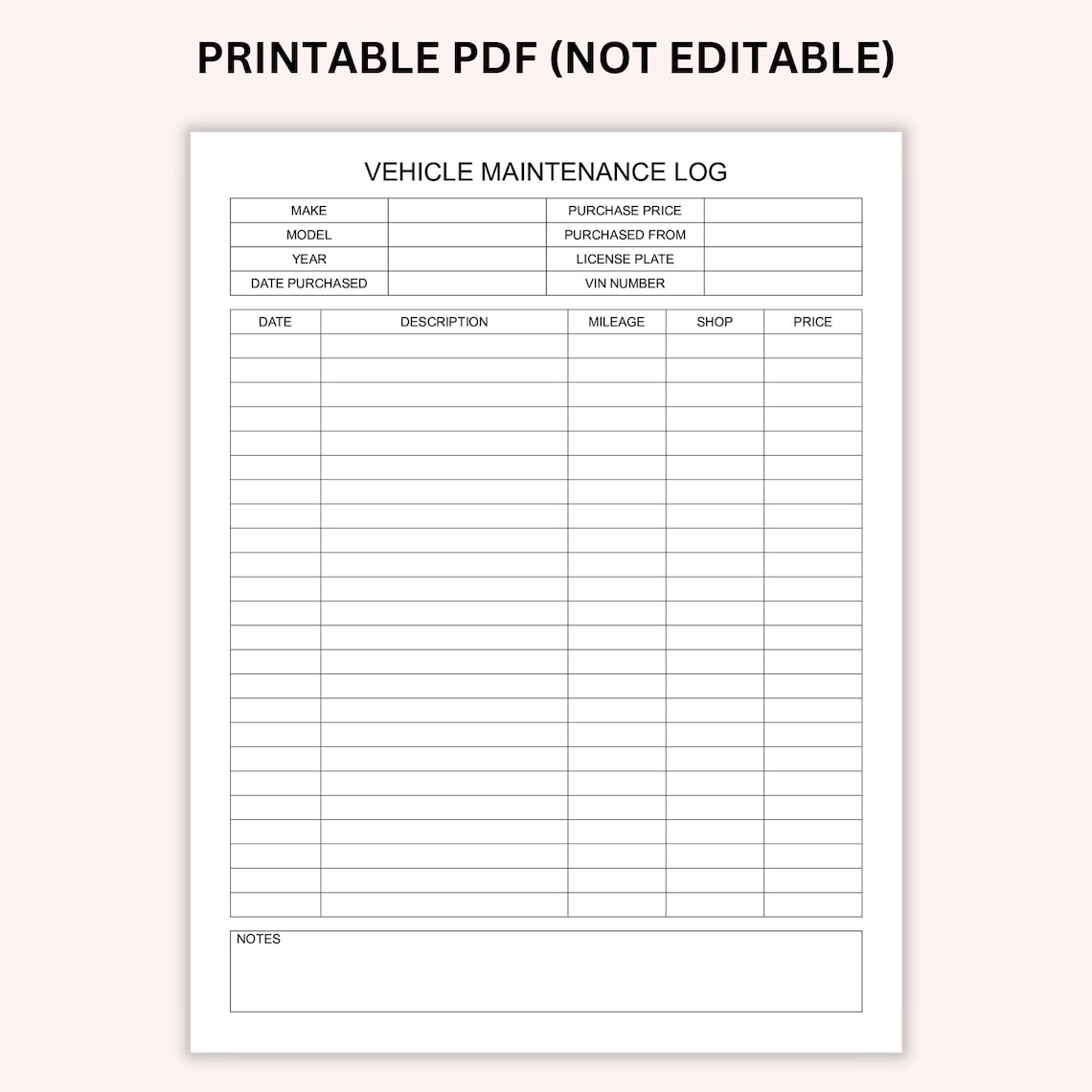 Editable Vehicle Maintenance Log, Printable Vehicle Repairs Log, Car ...