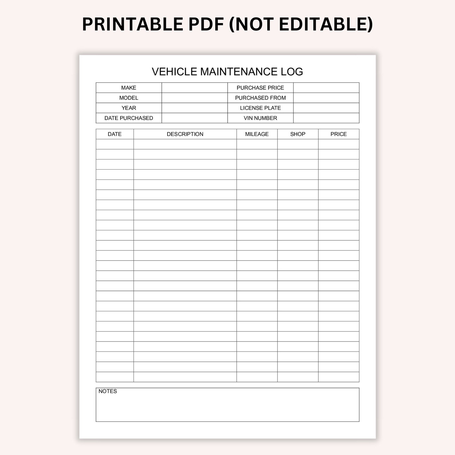 Editable Vehicle Maintenance Log, Printable Vehicle Repairs Log, Car ...
