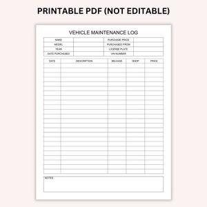 Editable Vehicle Maintenance Log, Printable Vehicle Repairs Log, Car ...