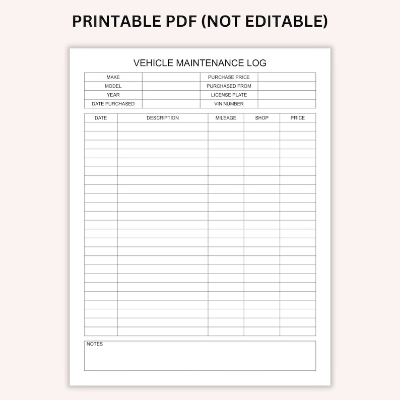 Editable Vehicle Maintenance Log, Printable Vehicle Repairs Log, Car ...