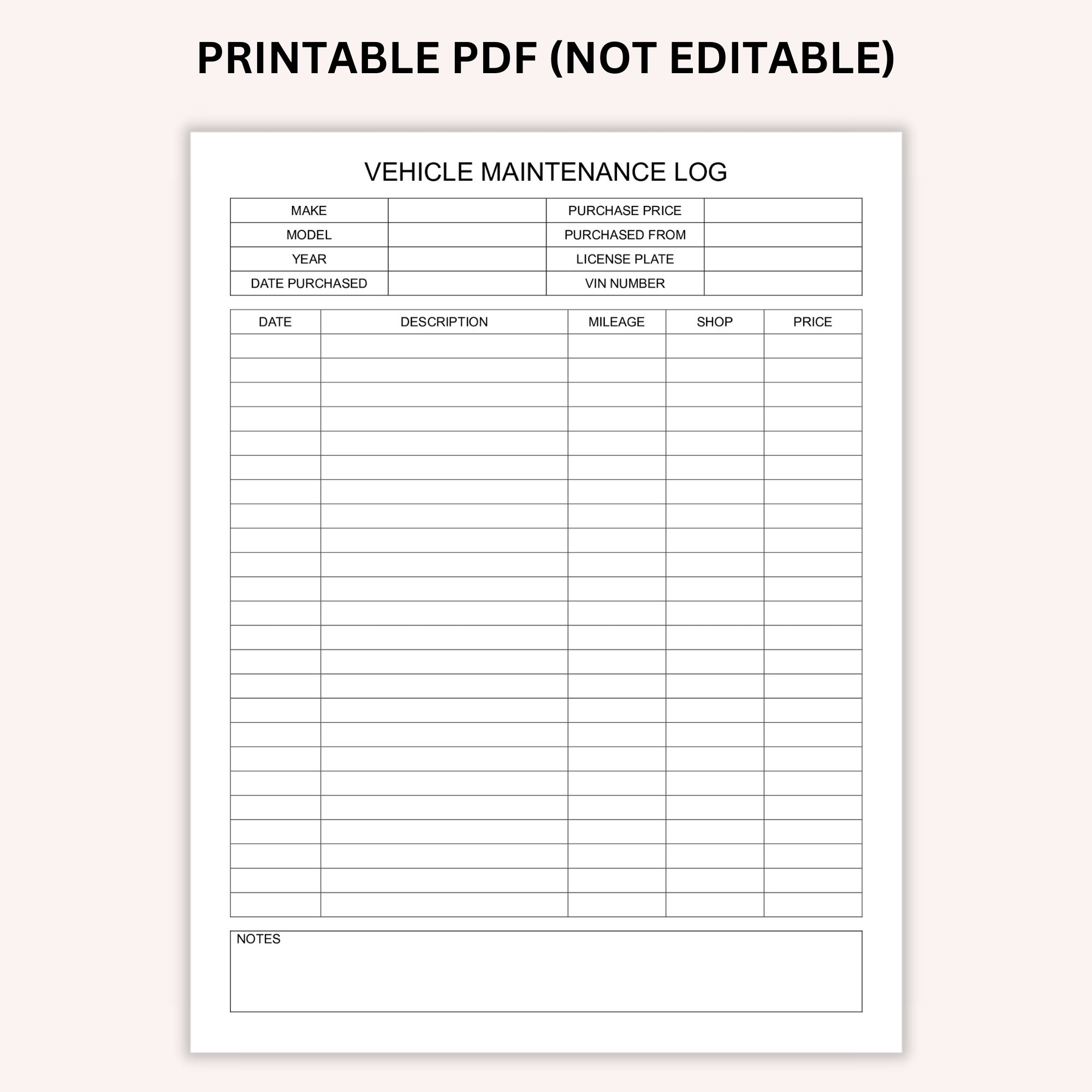 Editable Vehicle Maintenance Log, Printable Vehicle Repairs Log, Car ...