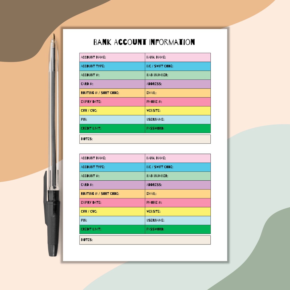 Printable Bank Account Information Tracker, Bank Details, Business ...