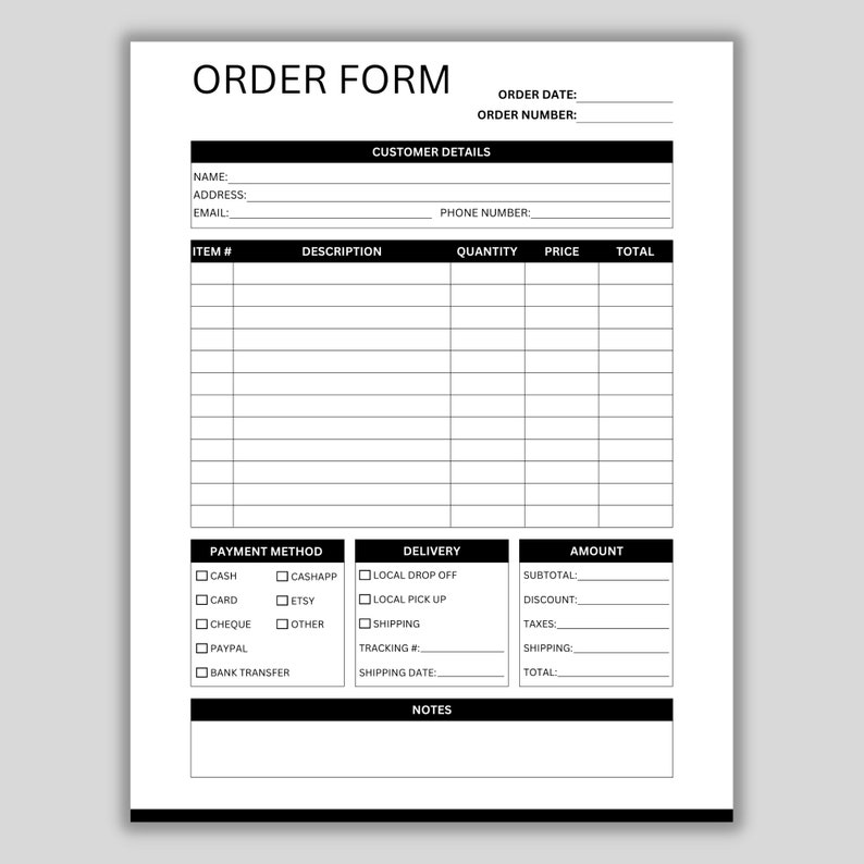 Printable Order Form, Small Business Template, Billing Form, Sales ...