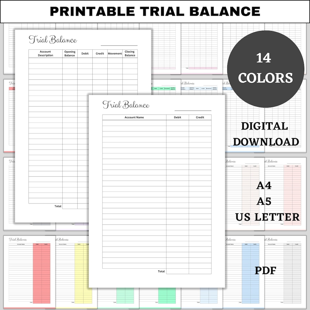 Printable Trial Balance, Accounting Sheet, Small Business Template ...