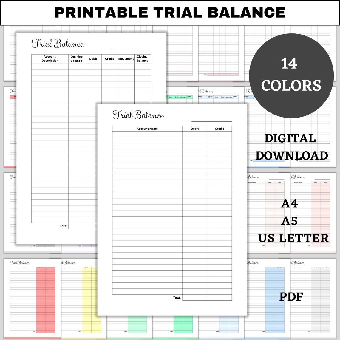 Printable Trial Balance, Accounting Sheet, Small Business Template ...
