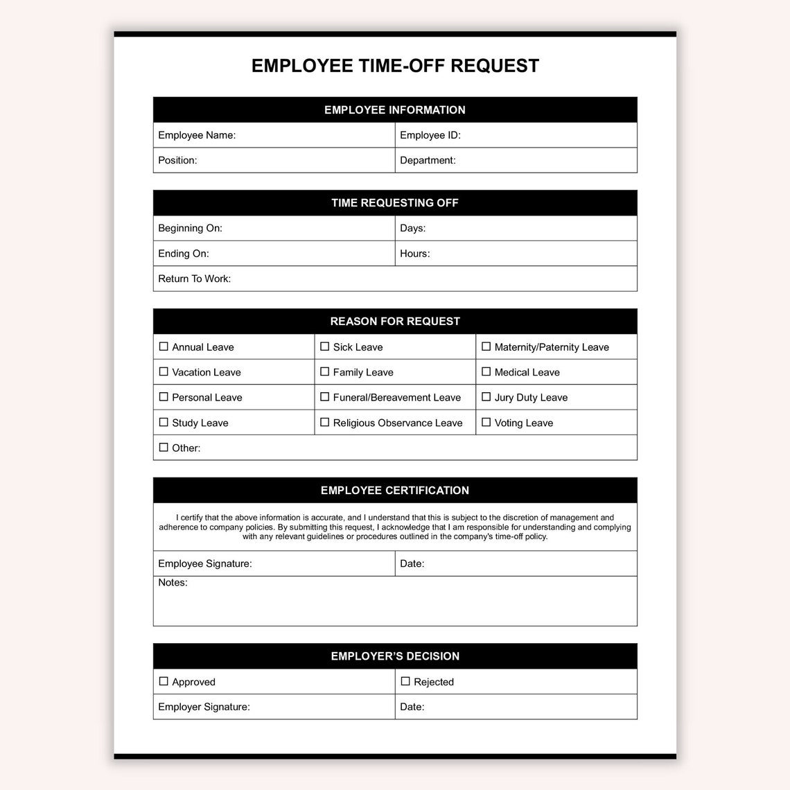 Editable Employee Time-off Request Template, Printable Vacation Request ...