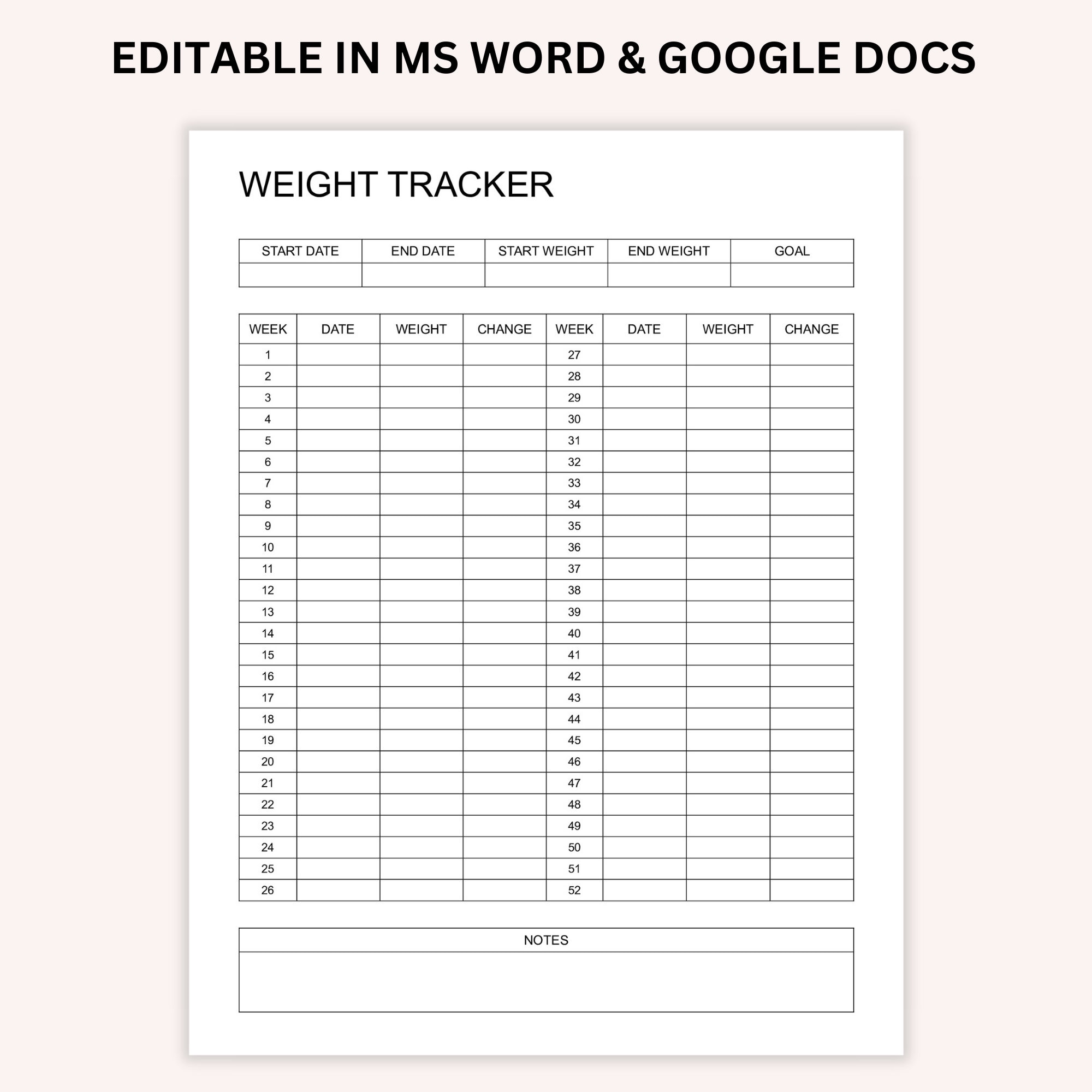Editable & Printable 52 Week Weight Tracker, Weight Log, Weight Loss ...