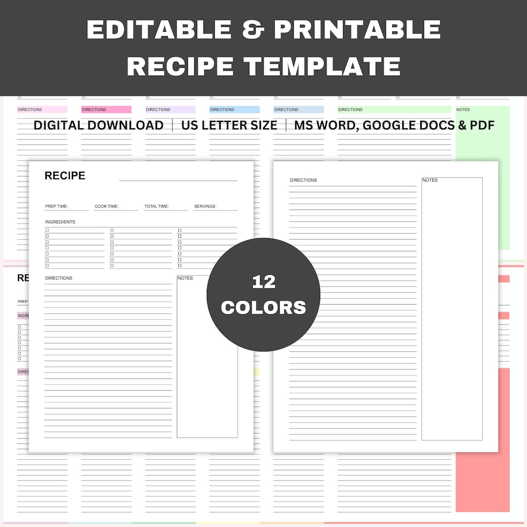 Editable Recipe Template, Recipe Card Printable, Recipe Book, Recipe ...