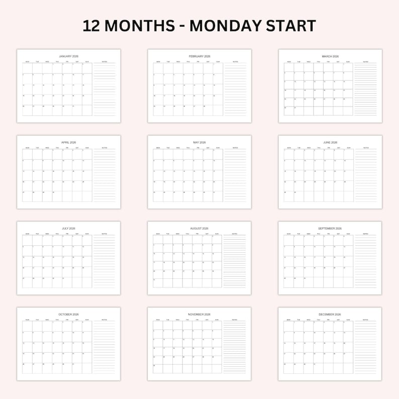 2026 Monthly Calendar With Notes, Editable Planner, Printable ...