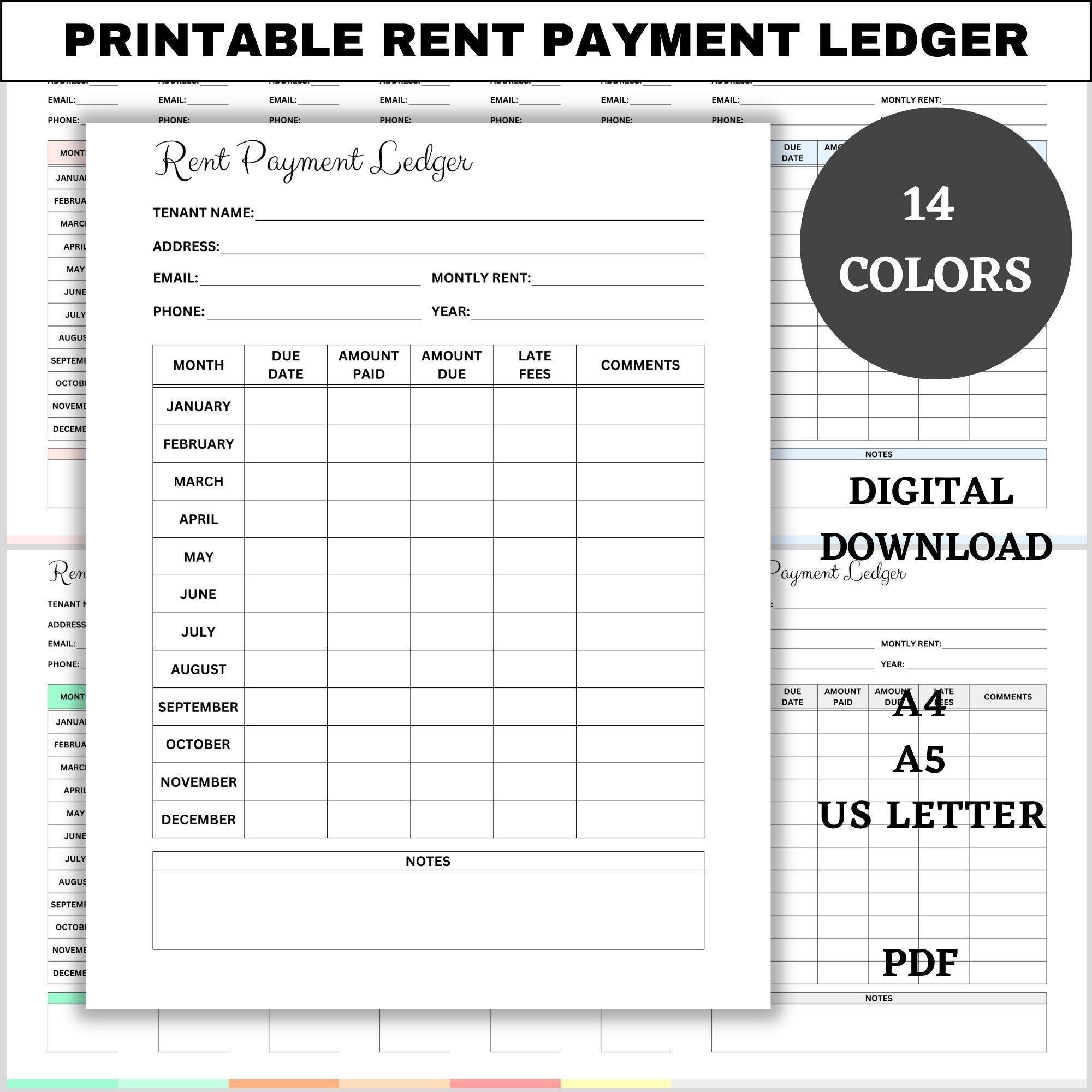Printable Rent Payment Ledger, Monthly Rent Tracker, Rental Agreement ...
