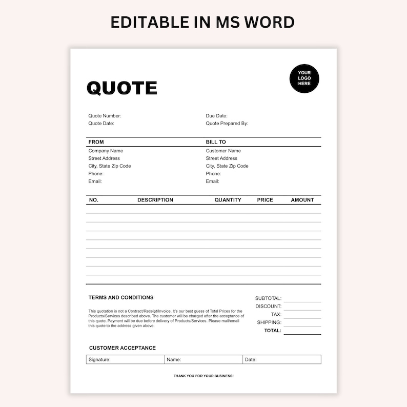 Editable Quote Template, Quote Form, Job Quote, Estimate Template ...