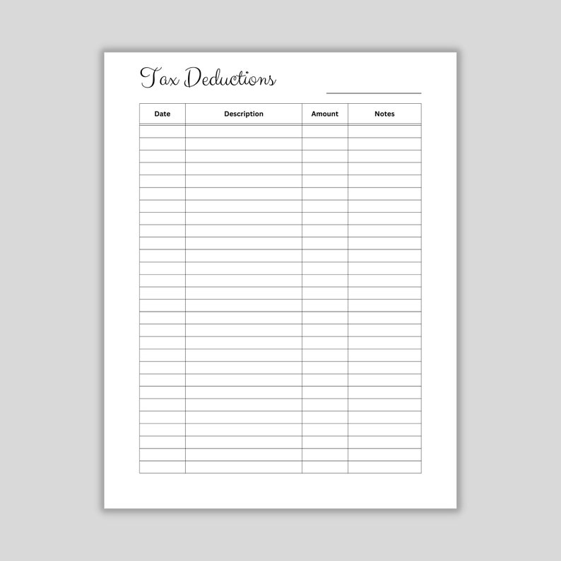 Printable Tax Deduction Tracker, Tax Organizer, Small Business Template ...