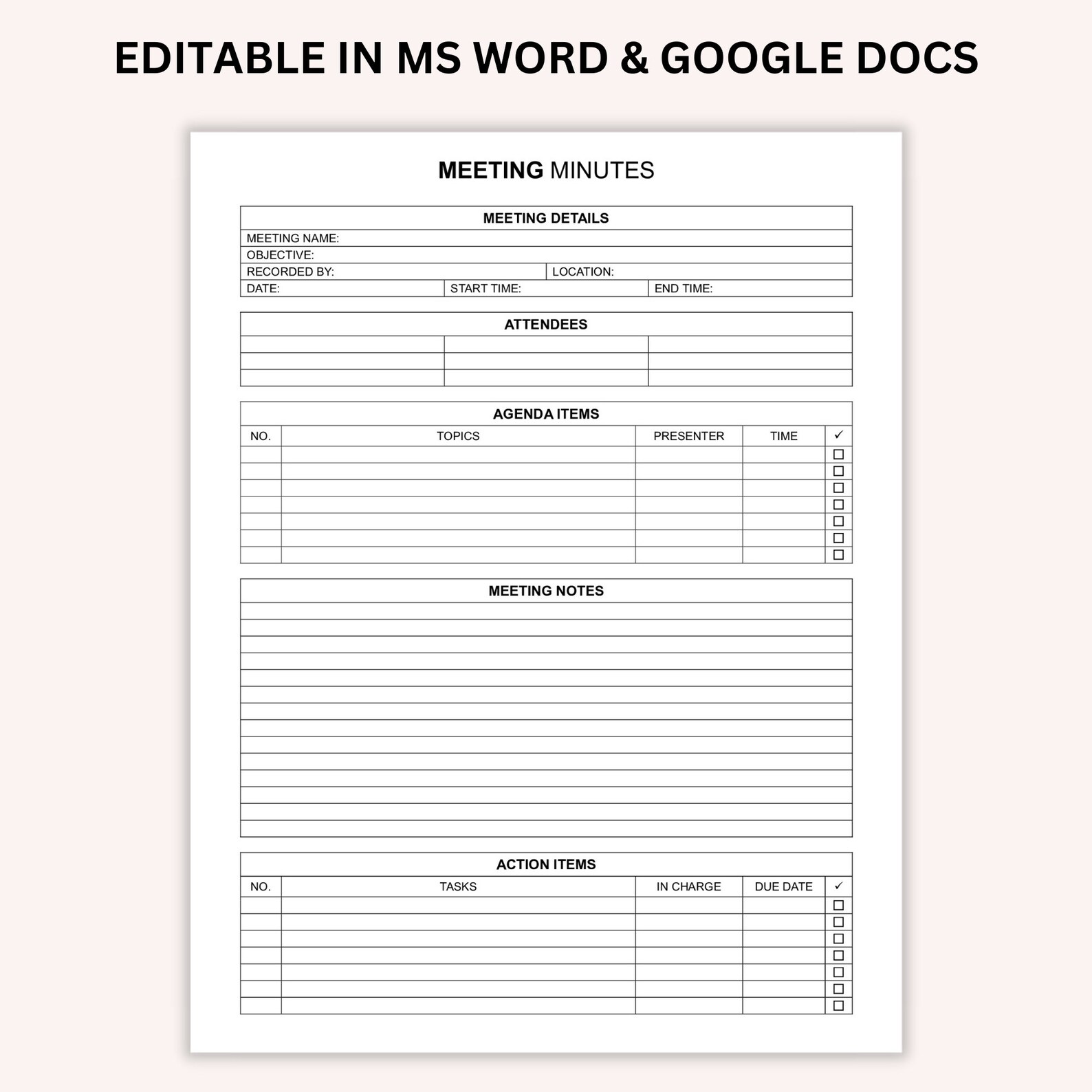 Editable Meeting Minutes Template, Printable Meeting Notes, Meeting ...