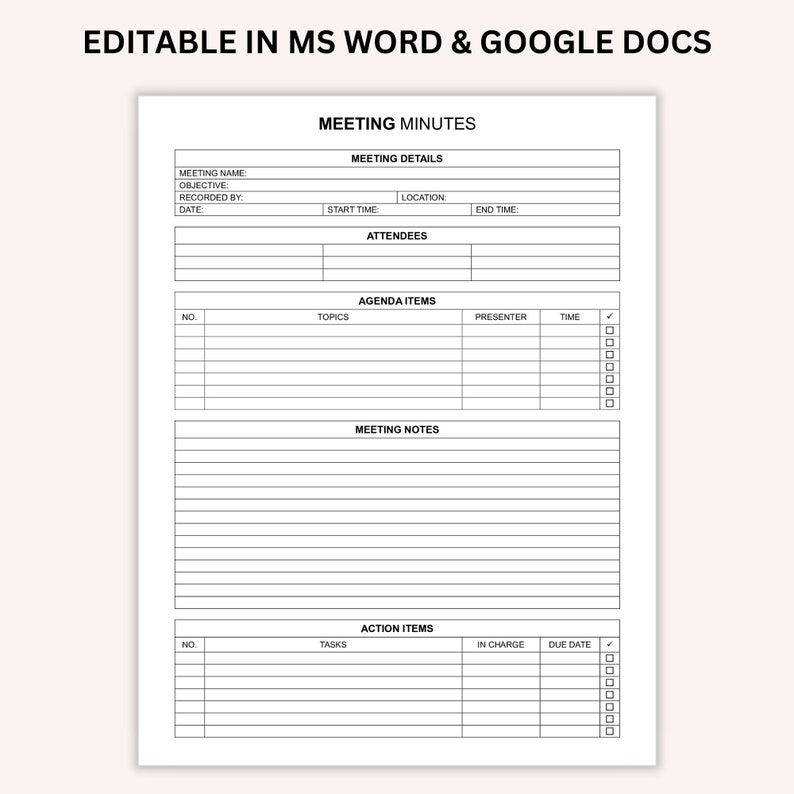 Editable Meeting Minutes Template, Printable Meeting Notes, Meeting ...