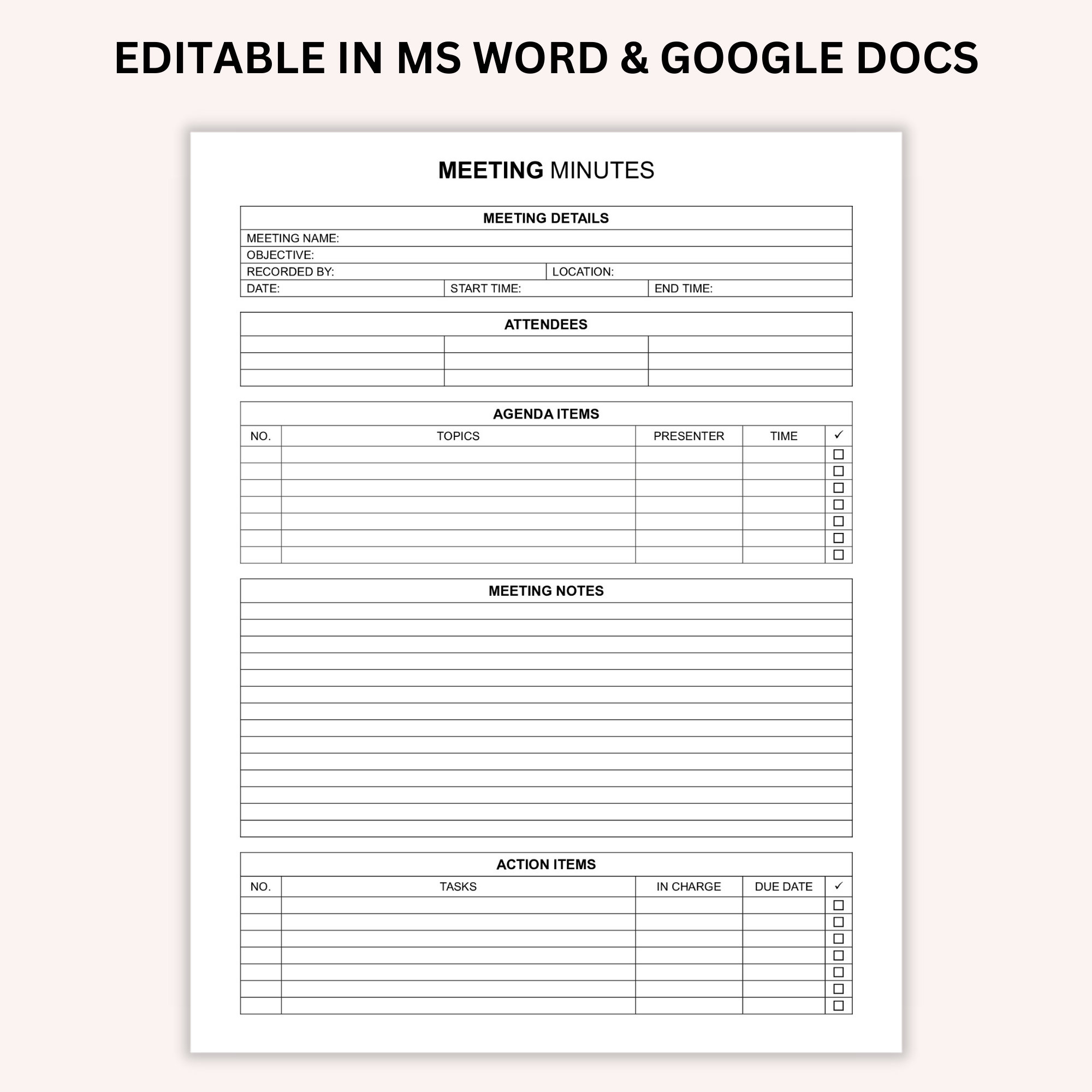 Editable Meeting Minutes Template, Printable Meeting Notes, Meeting ...
