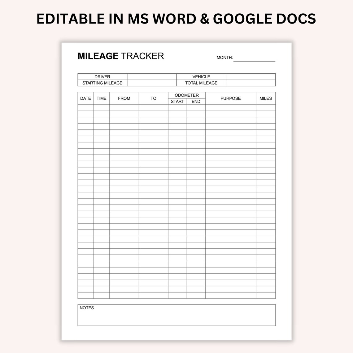 Editable Mileage Tracker, Printable Mileage Log, Work Mileage, Monthly ...